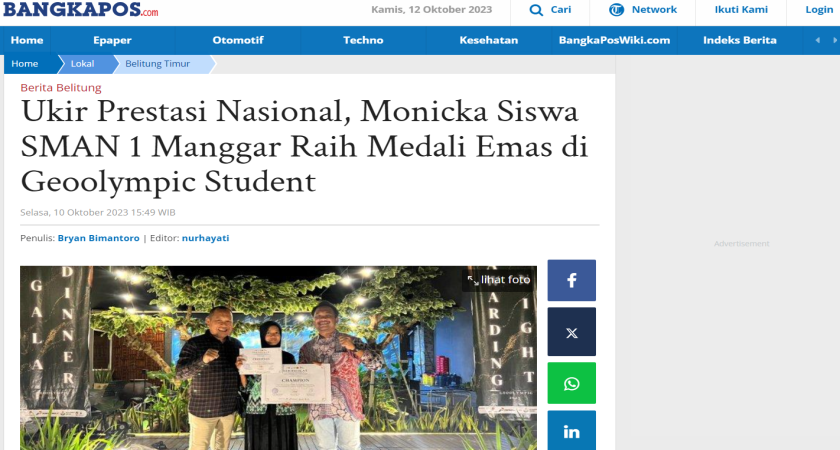 Ukir Prestasi Nasional, Monicka Siswa SMAN 1 Manggar Raih Medali Emas ...